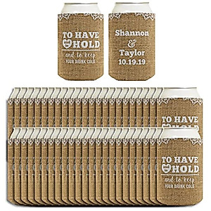 To Have and to Hold Custom Name Wedding Coolie 48-pack Custom Can Coolie Coolies Simulated Burlap