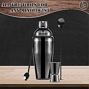 Purism Cocktail Shaker,4-Piece Stainless Steel Bartender Kit Essential Cocktail Bar Tool Set,25 oz Martini Shaker with a Built in Strainer lid &Manual of Recipe, Bar Set for Home Drink Mixing（Black）