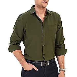 Echoph Mens Dress Shirts Long Sleeve Wrinkle Free Regular Fit Casual Business Button Down Shirt Army Green L