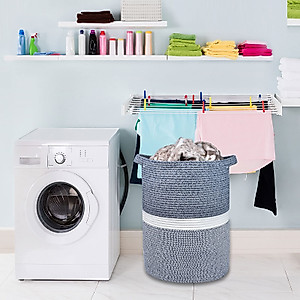 BOSROTY Large Blanket Basket, Tall Laundry Basket 72L, Nursery Hamper, Laundry Hamper, Clothes Basket Laundry, Large Storage Basket, Cotton Rope Basket, Toy Basket, 16”x 22”,Blend Navy Blue & White