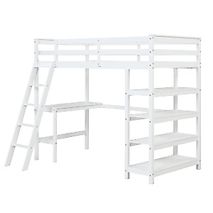 Favfurish Wooden Twin Loft Bed,with Built in Study Desk and 4-Tier Storage Shelves & Tilt Ladder,No Spring Mattress Required,Space-Saving Design,for Boys Girls Bedroom,White