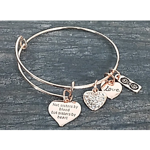 Infinity Collection - Best Friends Bangle Bracelets for Women, Engraved (Not Sisters By Blood But Sisters By Heart) Rose Gold Friend Jewelry, Infinity Adjustable Bracelets. Gift for Friends