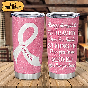 Hyturtle Personalized Breast Cancer Awareness Gifts For Women - Custom Name Stainless Steel Tumbler Coffee 20 oz With Lid - Breast Cancer Cup Gifts For Friend, Mom On Awareness Month, Christmas