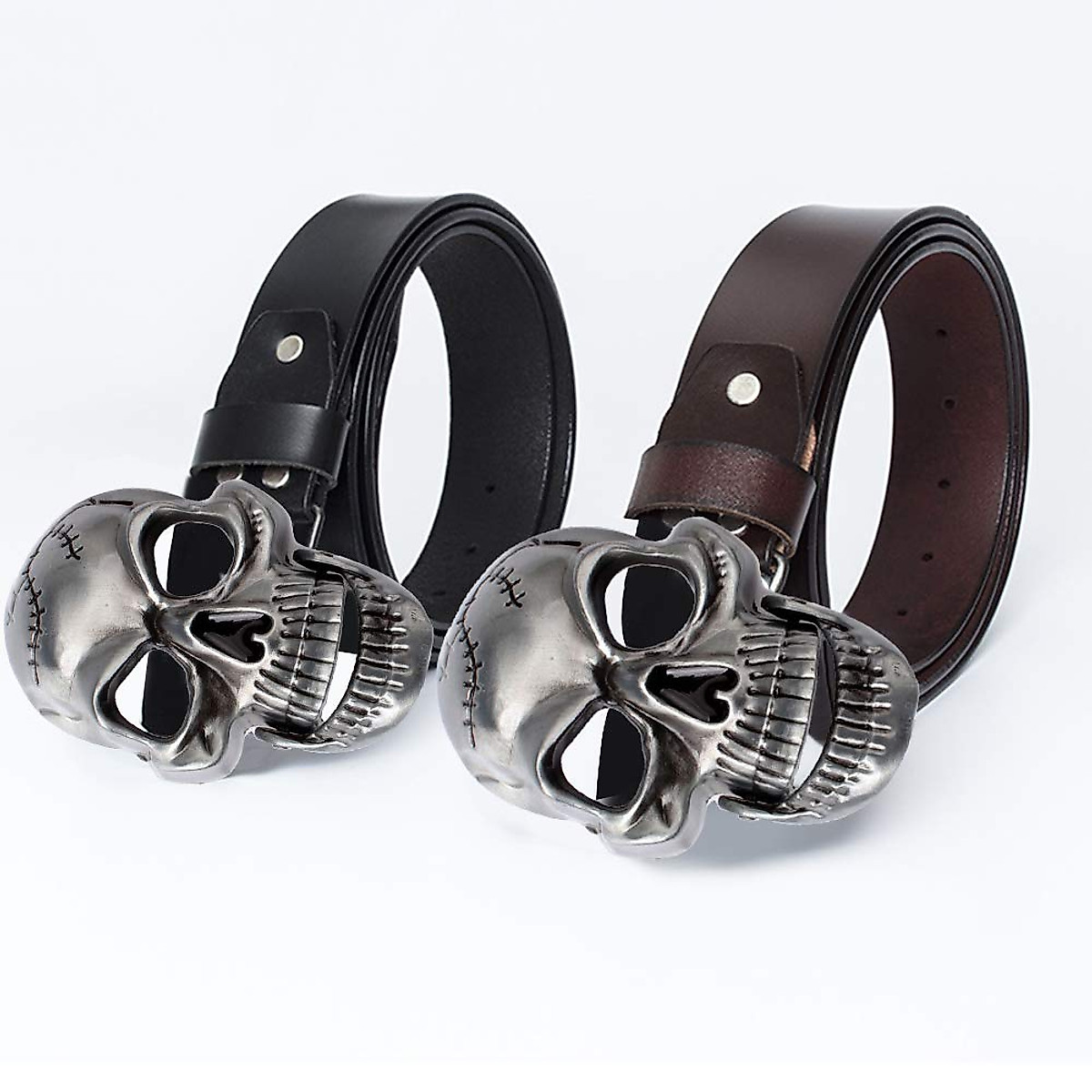 Moolecole Fashion Men Skull Head Leather Buckle Belt Waist Band Jeans Decorative Punk Belt Black