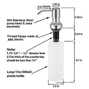 Kabter Built in Deck Mount Kitchen Sink Soap Dispenser 17oz, Brushed Stainless Steel