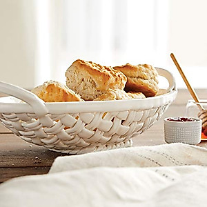 DEMDACO Bread Basket White 15 x 8 Ceramic Earthenware Decorative Bowl With Towel