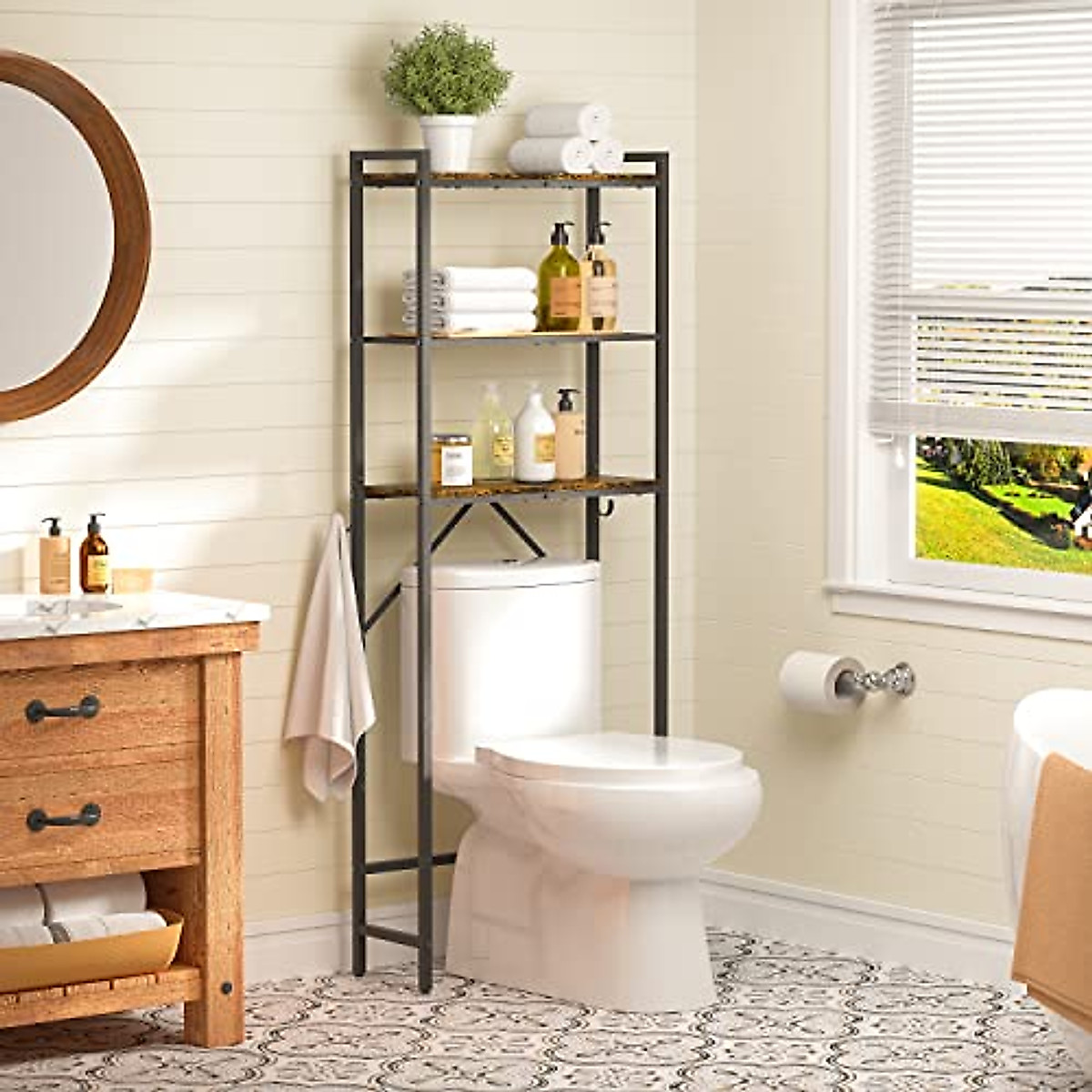 Hoctieon 3-Tier Over The Toilet Storage,Multifunctional Bathroom Organizer,Wood Bathroom Shelf, Metal Freestanding Toilet Rack with Hooks,Washroom Shelves, Space Saver, Rustic Brown