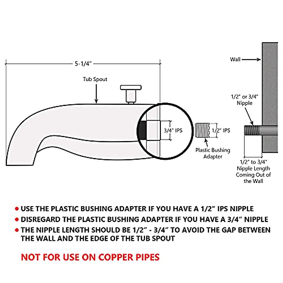 Tub Spout with Push and Pull Diverter, 3/4 inch to 1/2 inch IPS Face Bushing, 5-1/4 inch Length, Chrome Finish