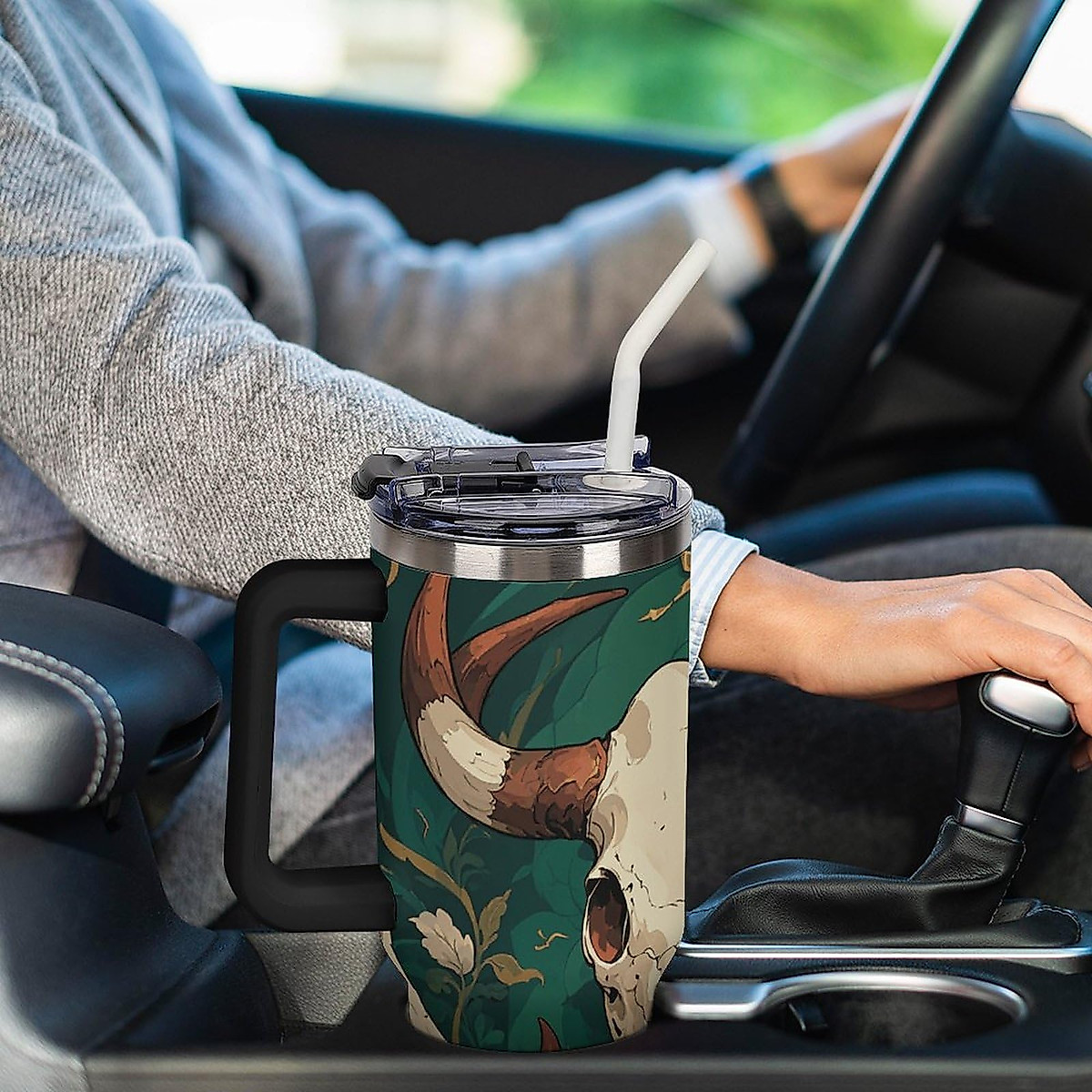 FZQVSGW Bull Skull 40 Oz Tumbler with Handle And Straw Stainless Steel Vacuum Insulated Tumblers Reusable Keep Drinks Cold Coffee Cup Holder Friendly Gifts for Women Men Car Gym Travel