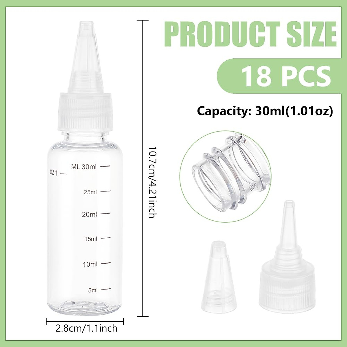 BENECREAT 18Pcs 30ml/1Oz Transparent Plastic Squeeze Bottles with Graduated Squeeze Bottles with White Twist Top Cap Clear Plastic Dispensing Bottle for Ink Liquid, Oils, Gels, Glue