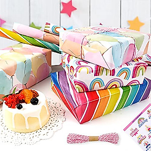 Gift Wrapping Paper Rolls, Pink Colorful Wrapping Paper Rolls Birthday Girls Women, Rainbow Balloon Wrapping Paper Bundle Rolls for Birthday Bridal Baby Shower Wedding, 3 Rolls-17x118inch Per Roll
