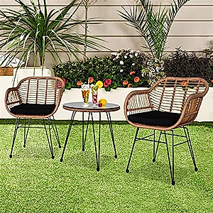 SAWQF 4 Pieces Patio Furniture Set Outdoor Garden Patio Oshion 3 pcs Wicker Rattan Patio Conversation Set with Tempered Glass Table