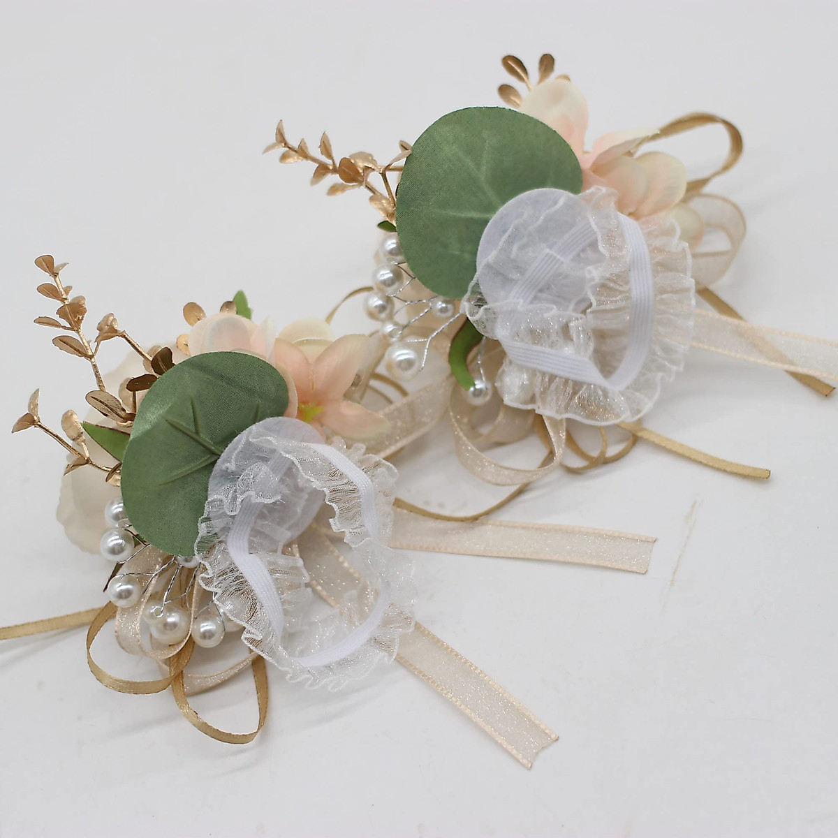 YOKOKE 2 Corsages, Handmade Artificial Peony Rose Wrist Corsage Wristlet Wedding Prom Suit Decorations (2 Gold Wrist Corsage)