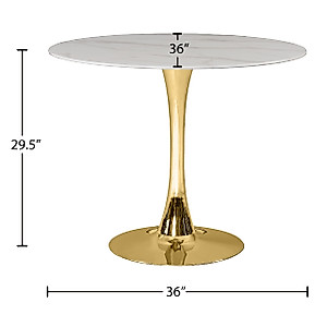 Meridian Furniture Holly Collection Modern | Contemporary Round Faux Marble Top Dining Table, 36" Wide, Gold Metal Base