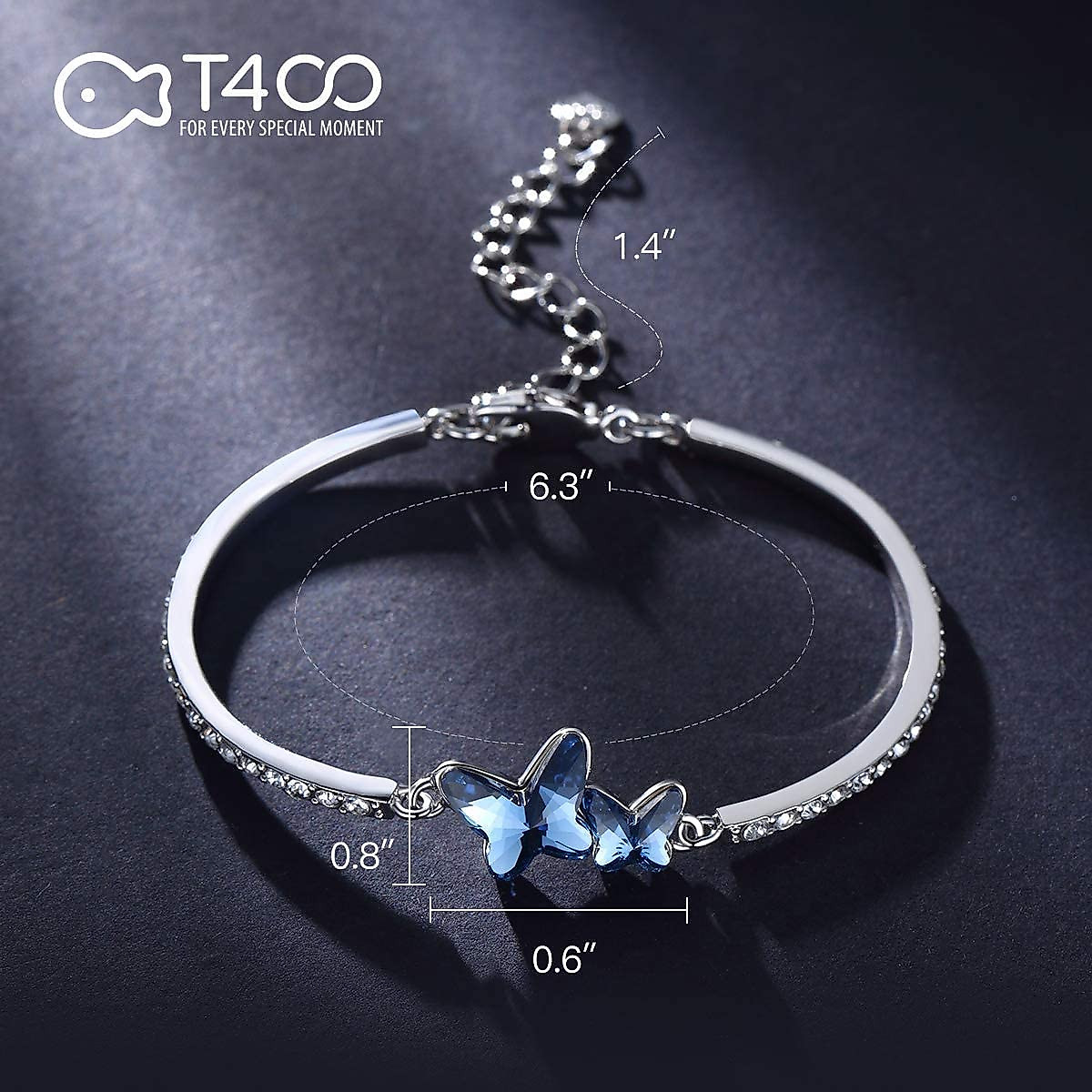 T400 Bracelets for Women Blue Butterfly Crystal Bangle Bracelet Ajustable Jewelry Birthday Gift for Her