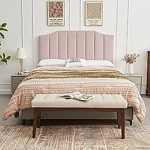 Befurtori Velvet Upholstered Queen Headboard, Tufted Headboard for Queen/Full, Modern Vertical Channel Design with Curved Tufted Solid Wood Head Board and Luxury Soft Padded, Pink