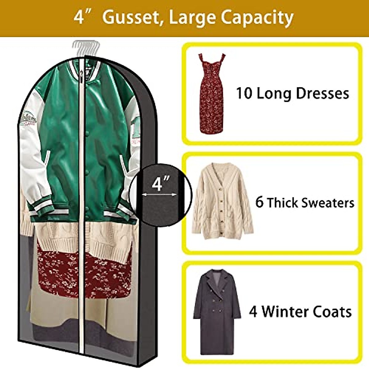65" Garment Bags for hanging clothes, 4" Gussetes, Clear Moth Proof Suit Bag for Closet Storage or travel, Plastic Protector for wedding dress, long gowns, dance costumes, Sweaters, Shirts, Jackets,Coat, 5 Packs, Black