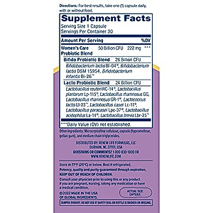 Renew Life Probiotics for Women, 50 Billion CFU Guaranteed, Probiotic Supplement for Digestive, Vaginal & Immune Health, Shelf Stable, Soy, Dairy & Gluten Free, 30 Capsules
