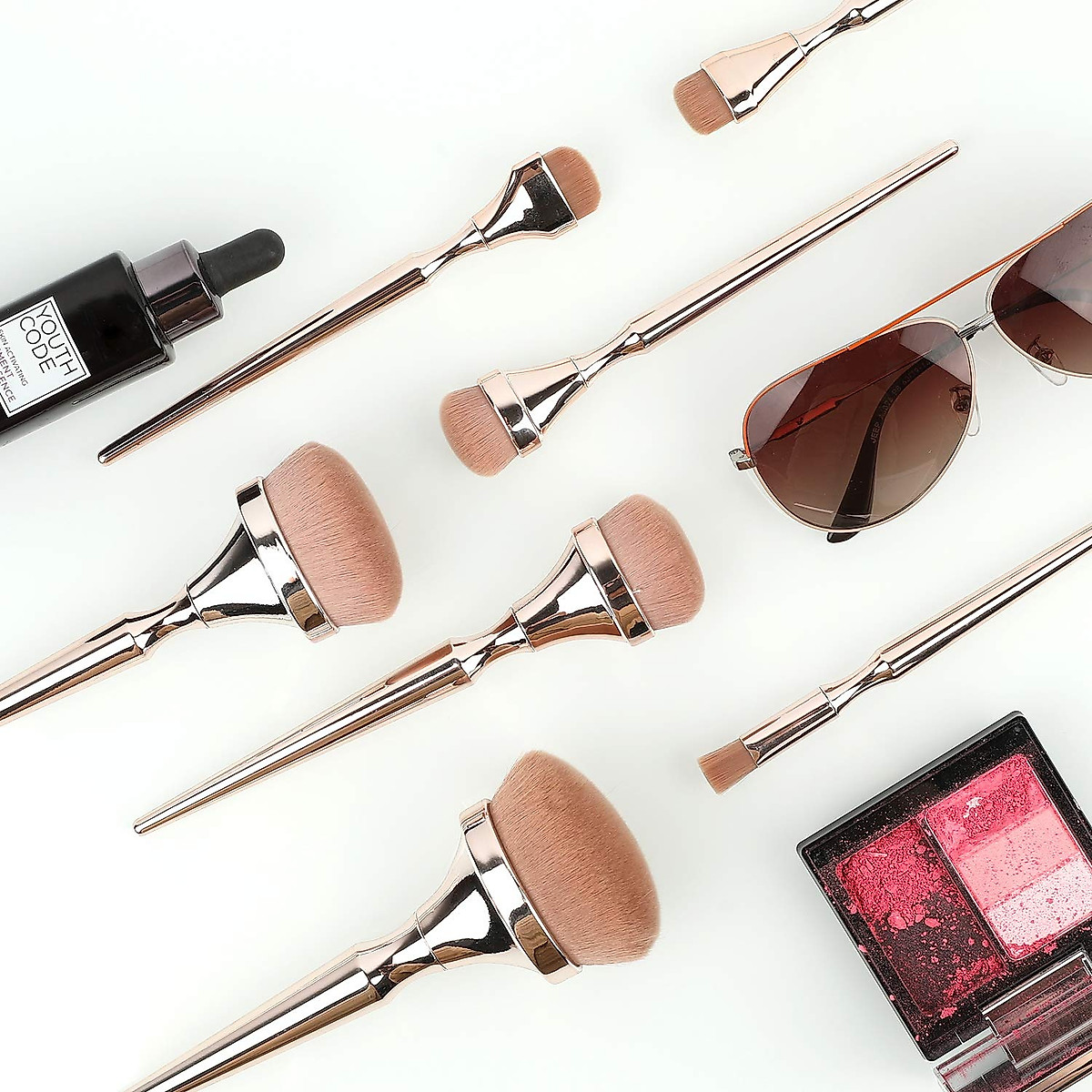 Logiverl 9 Pieces Makeup Brushes Powder Blush Foundation Concealer Eyeshadow Eyebrow Lip Flat Detail Brush for Blending Buffing Foundation Cream Make Up Brushes Tools Kit (Rose Golden)