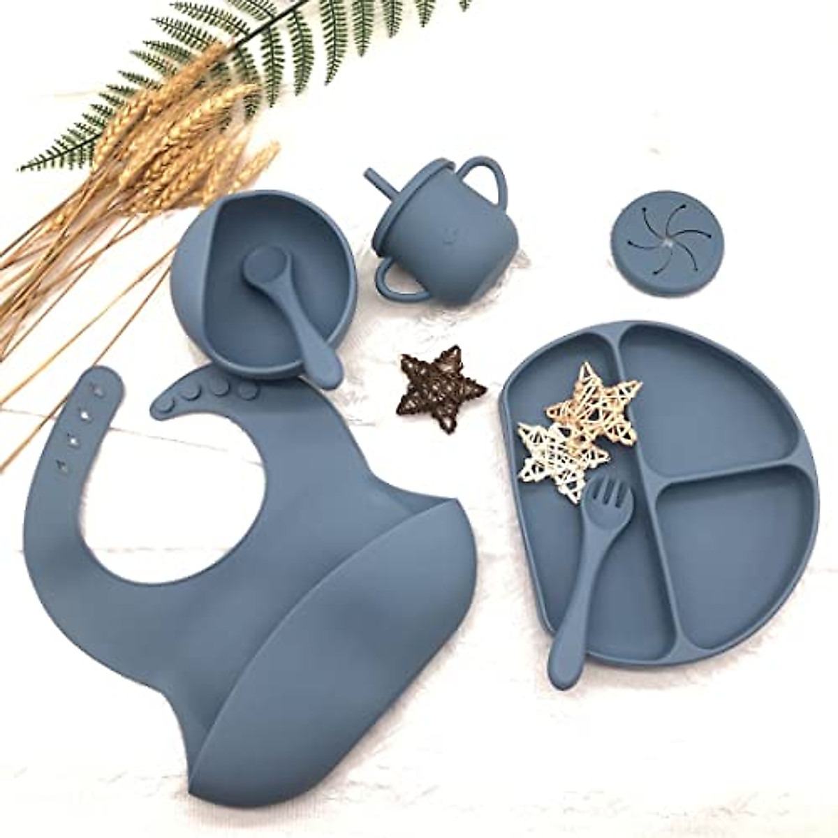 K-Universal Baby Feeding Bibs | 8pc Silicone Bibs for Babies | Bib Bowl Plate Cup Fork Spoon | Adjustable Divided Plate | Easily Wipe Clean | Less Cleaning Time After Toddler & Babies (Bubbly blue)