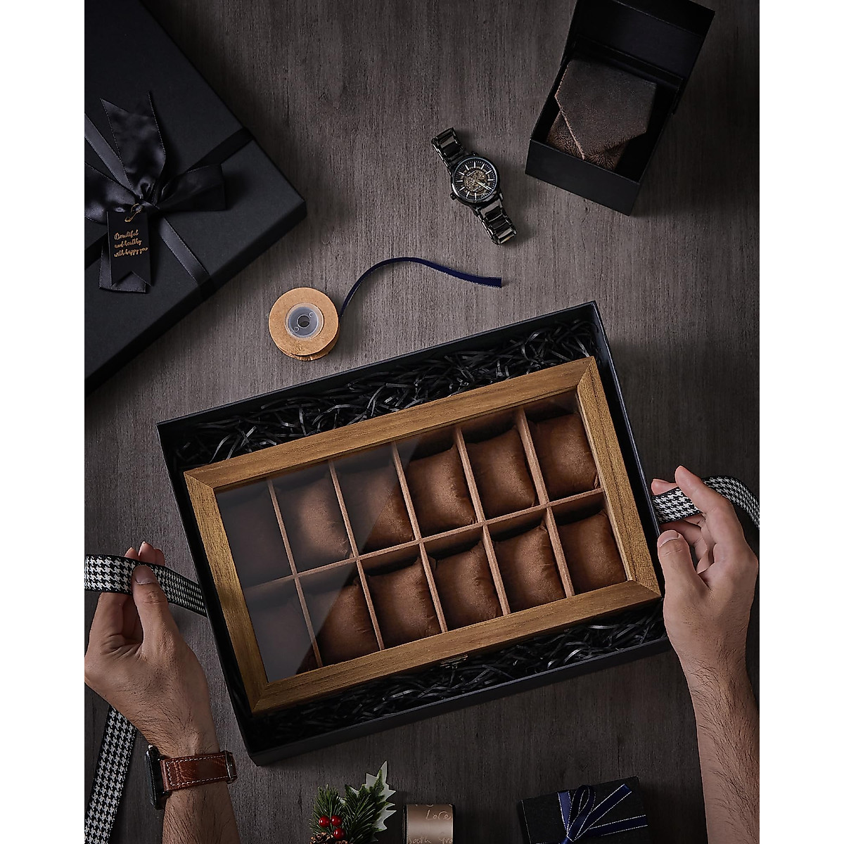 SONGMICS Watch Box, 12-Slot Watch Case, Solid Wood Watch Box Organizer with Glass Lid, Watch Display Case with Removable Pillows, Gift for Loved Ones, Rustic Walnut UJOW120K01