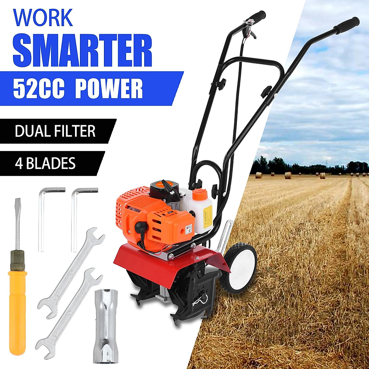 52CC Garden Tiller Gas Powered,3HP 2-Strokes Garden Tiller Cultivator,9000RPM, 1.2L Fuel Tank, 6-inch Working Depth Cultivator Rotovator Orange