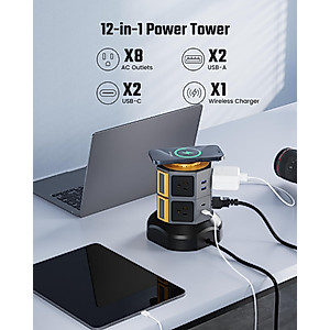 SUPERDANNY Power Strip Tower with 15W Wireless Charger, 6.5Ft Retractable Extension Cord, 1050J Surge Protector, Desktop Charging Station with 8 Outlets 4 USB Ports(2 USB C) for Home, Office, Garage