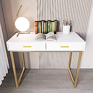 NTReasy Vanity Desk with 2 Drawers, 39 inch Modern Home Office Computer Desk, Makeup Dressing Writing Desks with Storage for Study Bedroom (White and Gold)