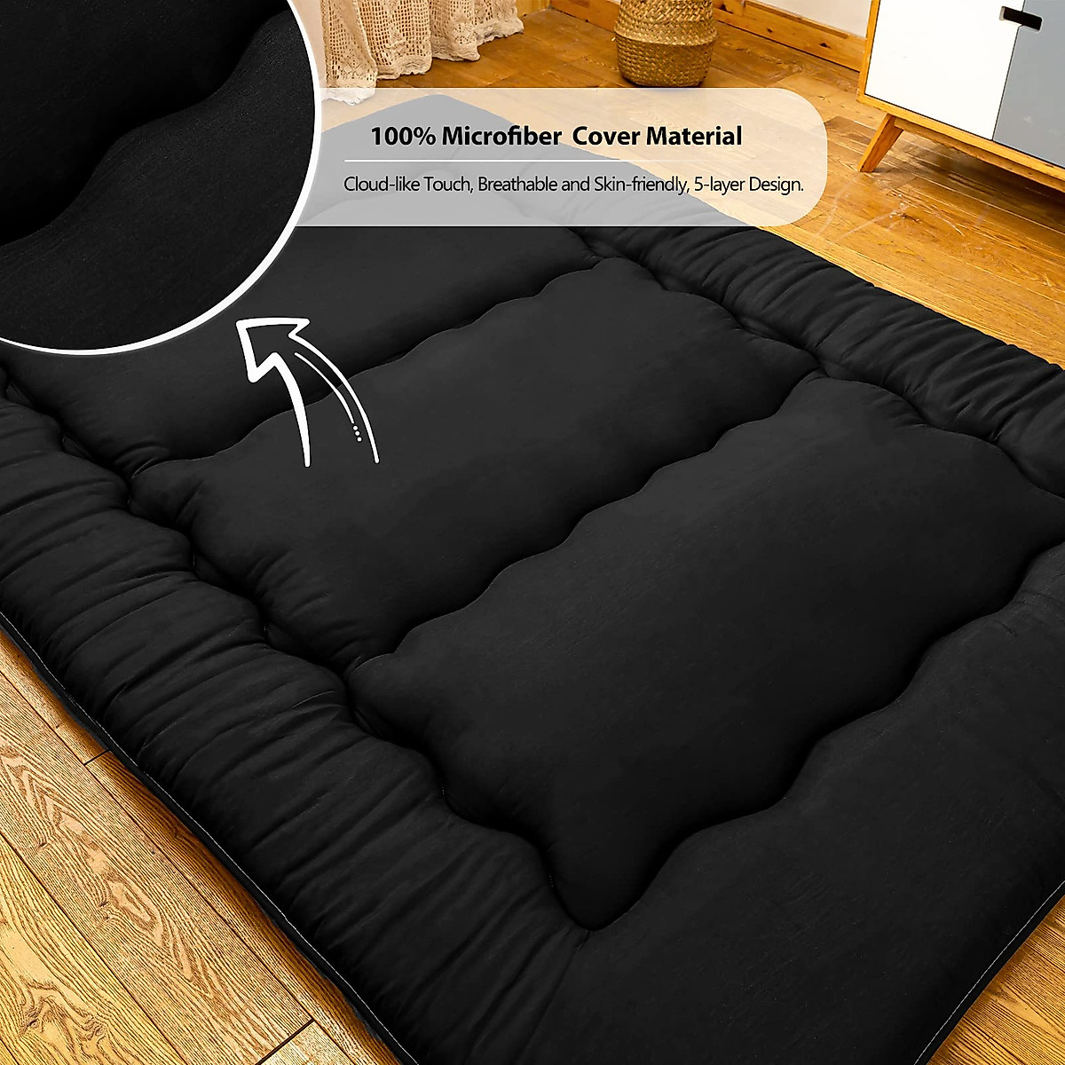 YOSHOOT Japanese Shiki Futon Mattress For Floor, Bed Folding Portable Camping Roll Up Mattress Thicken Mattress Sleeping Pad for Guest Room Full Size, Black