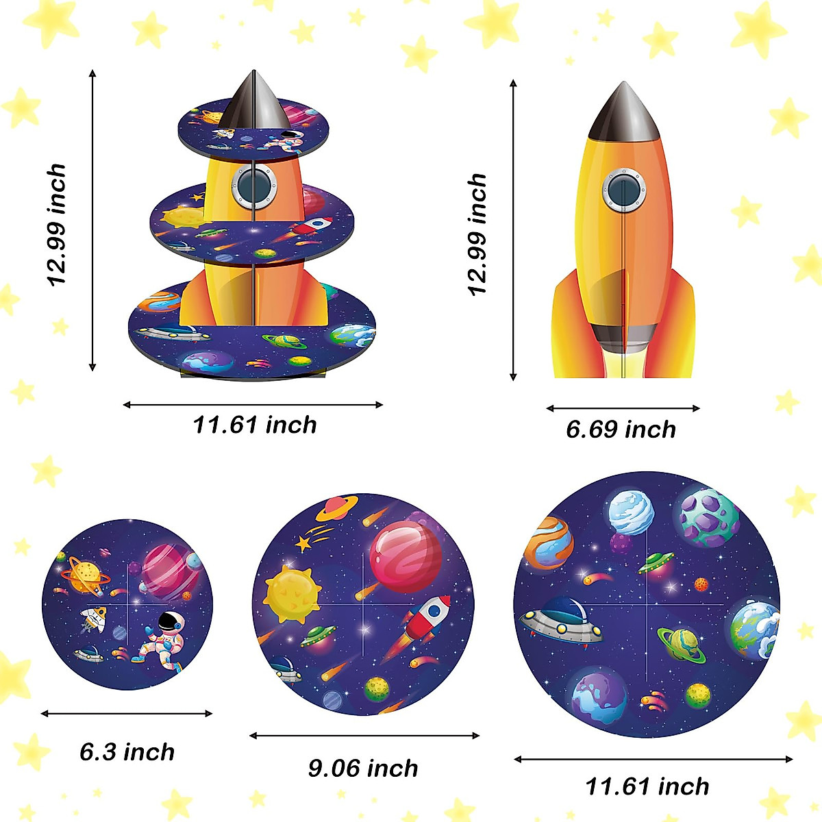 Ayearparty 3 Tier Space Cupcake Stand Astronaut Rocket Outer Space Party Table Decorations Cardboard Cup Cake Holder Solar System Themed Party Supplies for Kids Boys Birthday Baby Shower