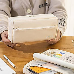 EASTHILL Big Capacity Pencil Case Pencil Pouch School Supplies for College Students Office Simple Stationery Pencil Holder Bag Teen Girls Women-Beige