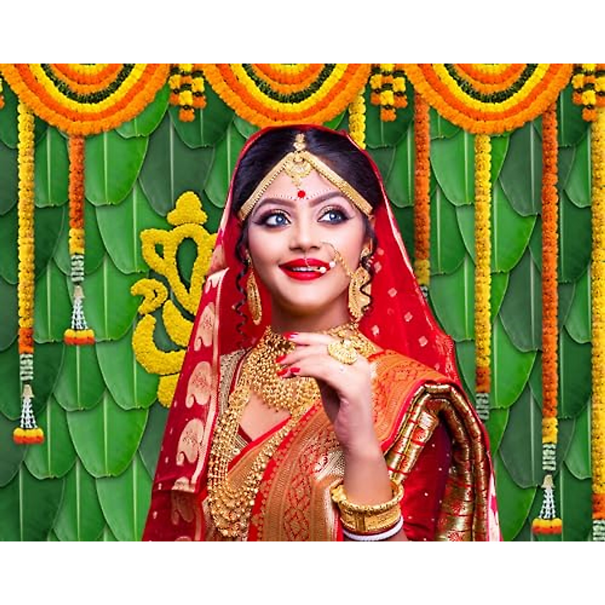 Ticuenicoa 7×5ft India Pooja Traditional Photography Backdrop Diwali Backdrops Banana Leaf Green Chatiya Ganesh Background Marigold Puja Ganpati Wedding Photo Tapestry Booth Props