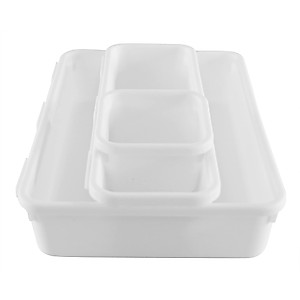 HOME-X Connecting Organizer Trays, Set of Interlocking Adjustable Trays for Organizing Office Supplies and Kitchen Utensil Drawers, Set of 8, 3 Sizes, White