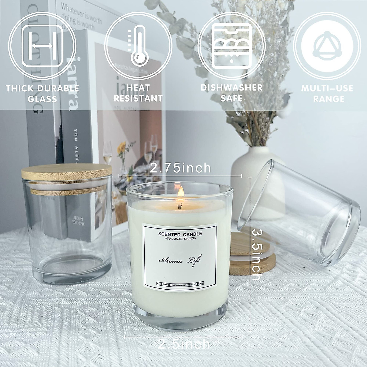 15pack, 7oz Thickened Glass Candle Jars with Bamboo Lids, Clear Candle Containers, Candle Vessels for Hand Candle Making DIY Craft