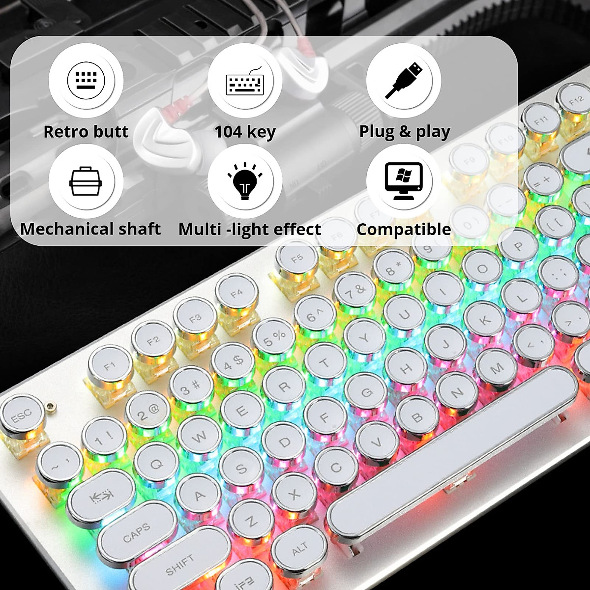 Retro Mechanical Gaming Keyboard Rainbow Backlit , Punk Vintage StyleDustproof Mechanical Ergonomic Keyboard with 104 Keys for Computer Game Enthusiasts Home Office Use
