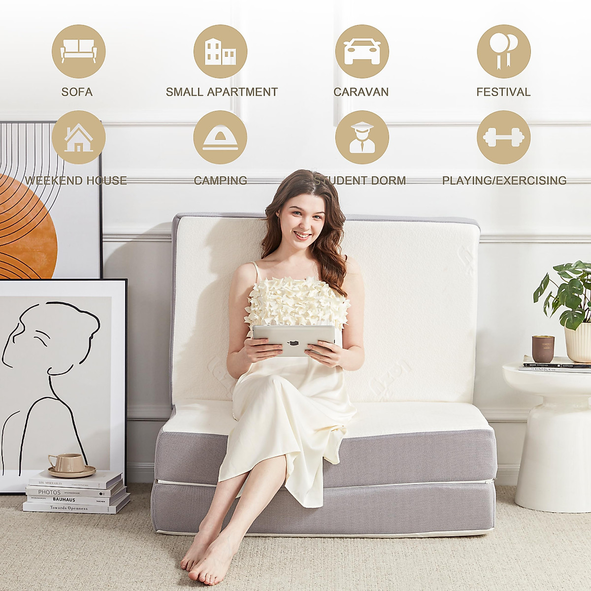 Lazyzizi Folding Mattress, 6 Inch Memory Foam Tri-fold Mattress with Breathable & Washable Bamboo Fiber Fabric Cover, Foldable Floor Mattress Guest Bed for Camping, Road Trip, Cot