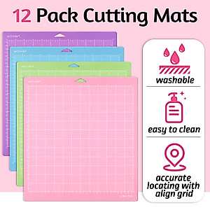 Moinchore 12 Pcs Cutting Mat Variety for Crafts Machine, 12 x 12 Inch Cut Mats Gridded Strong Standard Quilting Light Fabric Adhesive Cutting Mats with Scraper for Art Accessories