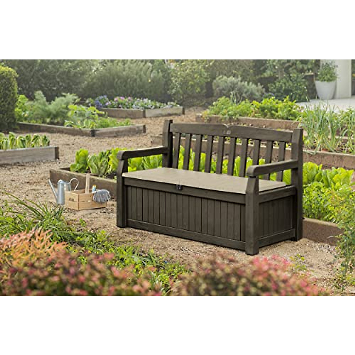 Keter Eden 70 Gallon Storage Bench Deck Box for Patio Furniture, Front Porch Decor and Outdoor Seating – Perfect to Store Garden Tools and Pool Toys,Brown / Brown