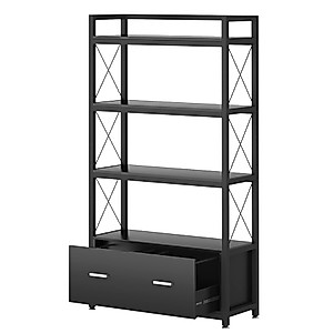 File Cabinet with Drawer, Vertical Lateral Filing Cabinet, Free Standing Storage Cabinet, Letter Size/A4 Size File Cabinet with Storage Shelves for Home Office, Black