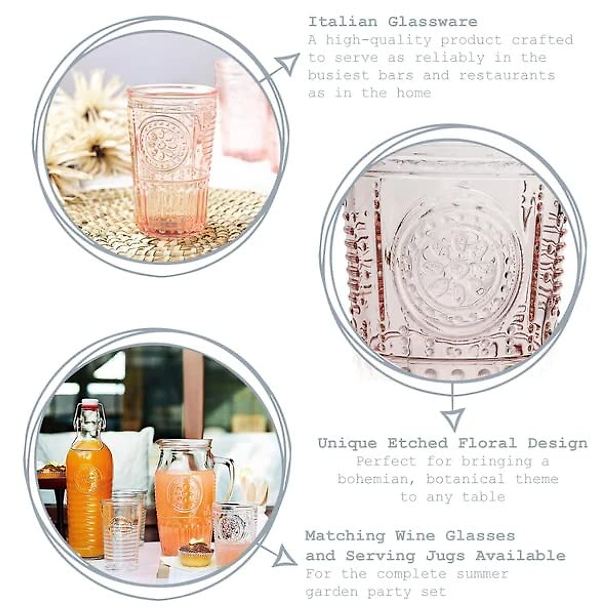 Bormioli Rocco Romantic Set Of 6 Tumbler Glasses, 11.5 Oz. Colored Crystal Glass, Cotton Candy Pink, Made In Italy.