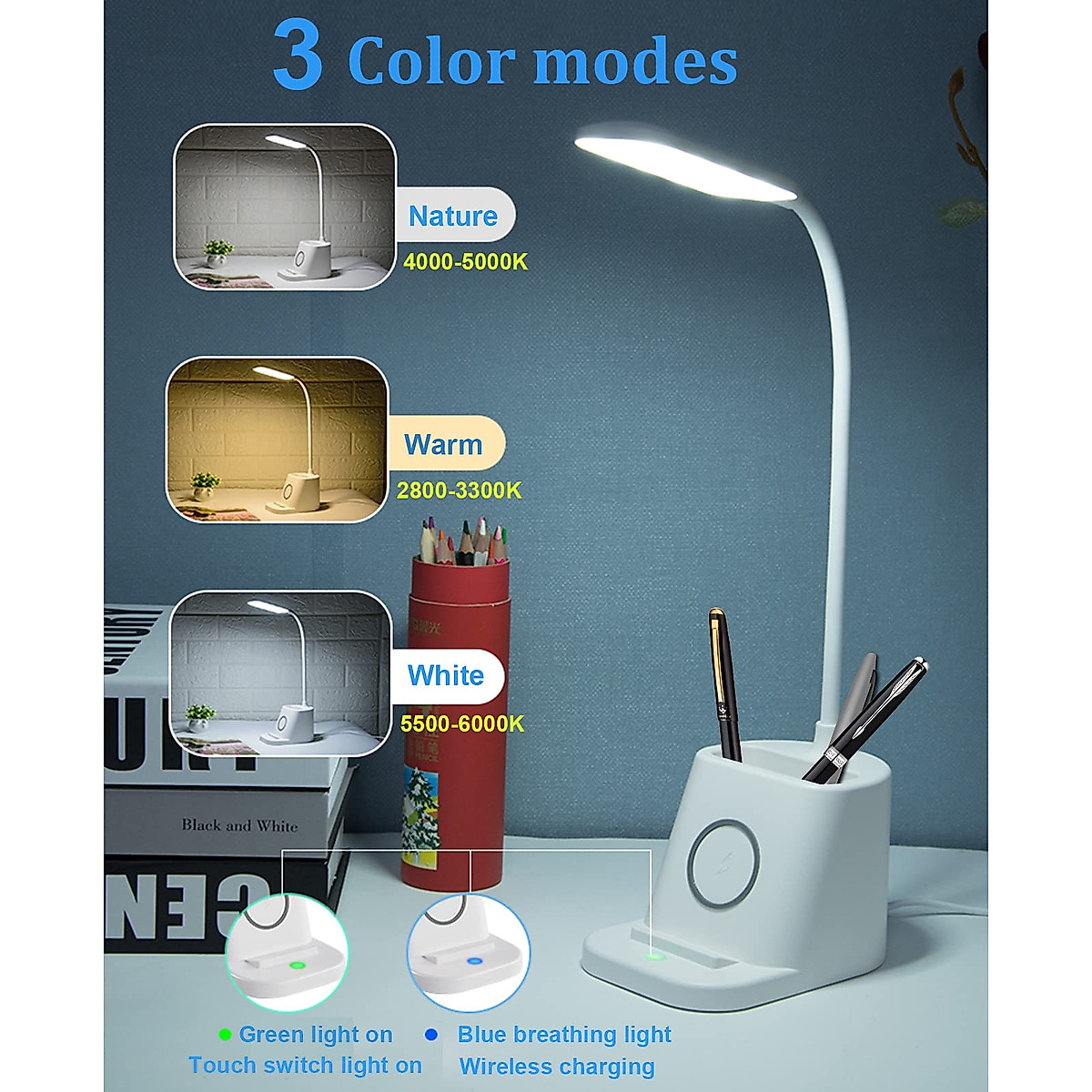 LED Desk Lamp with Wireless Charger, Desk Lamps for Home Office with 3 Lighting Modes, Eye-Caring Lamp with Pen Holder, Desk Lamp for College Dorm