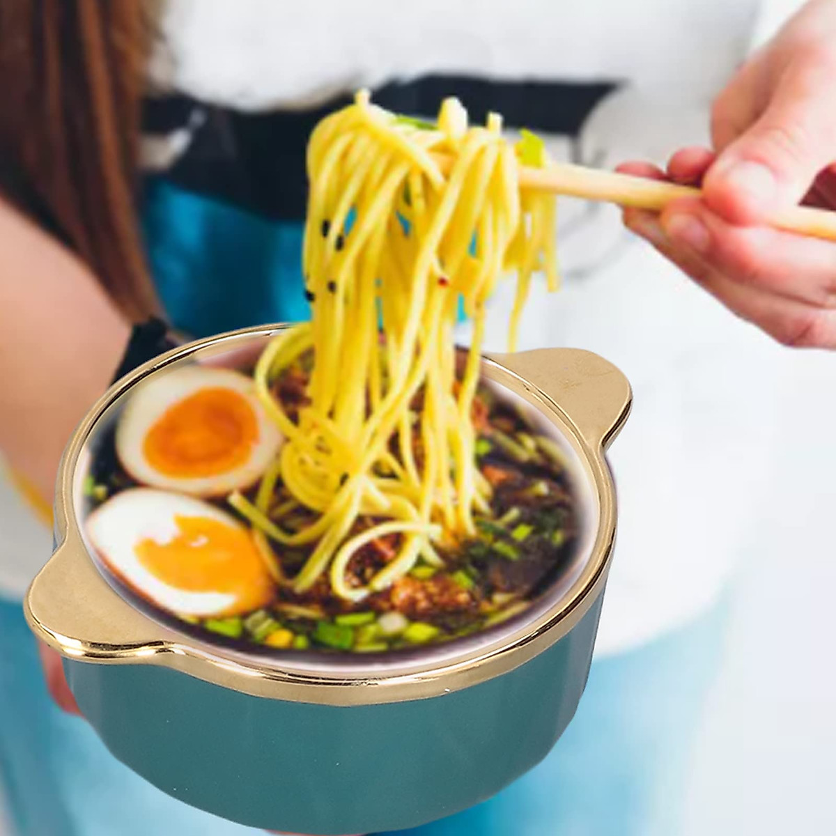 Milltrip Ceramic Bowl, Binaural Bowls Large Capacity Crown Ceramic Bowl with Lid and Phnom Penh Handle for Soup Rice Salad Instant Noodle(Green)