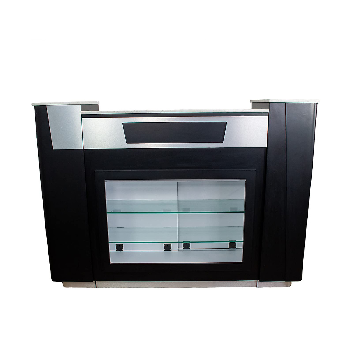 MAYAKOBA Sonoma II Reception Desk with Glass Display Adjustable Shelves, Side Cabinets, Office Restaurant Beauty Salon Furniture, Luxe Black/Silver Accents