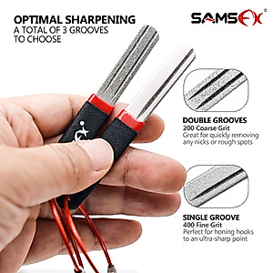 SAMSFX Fishing Hook Sharpener Hook File Portable Grinding Tool with Double Sided Fine and Medium Grit Fly Fishing Tools, 4inch (Black & Red Handle)