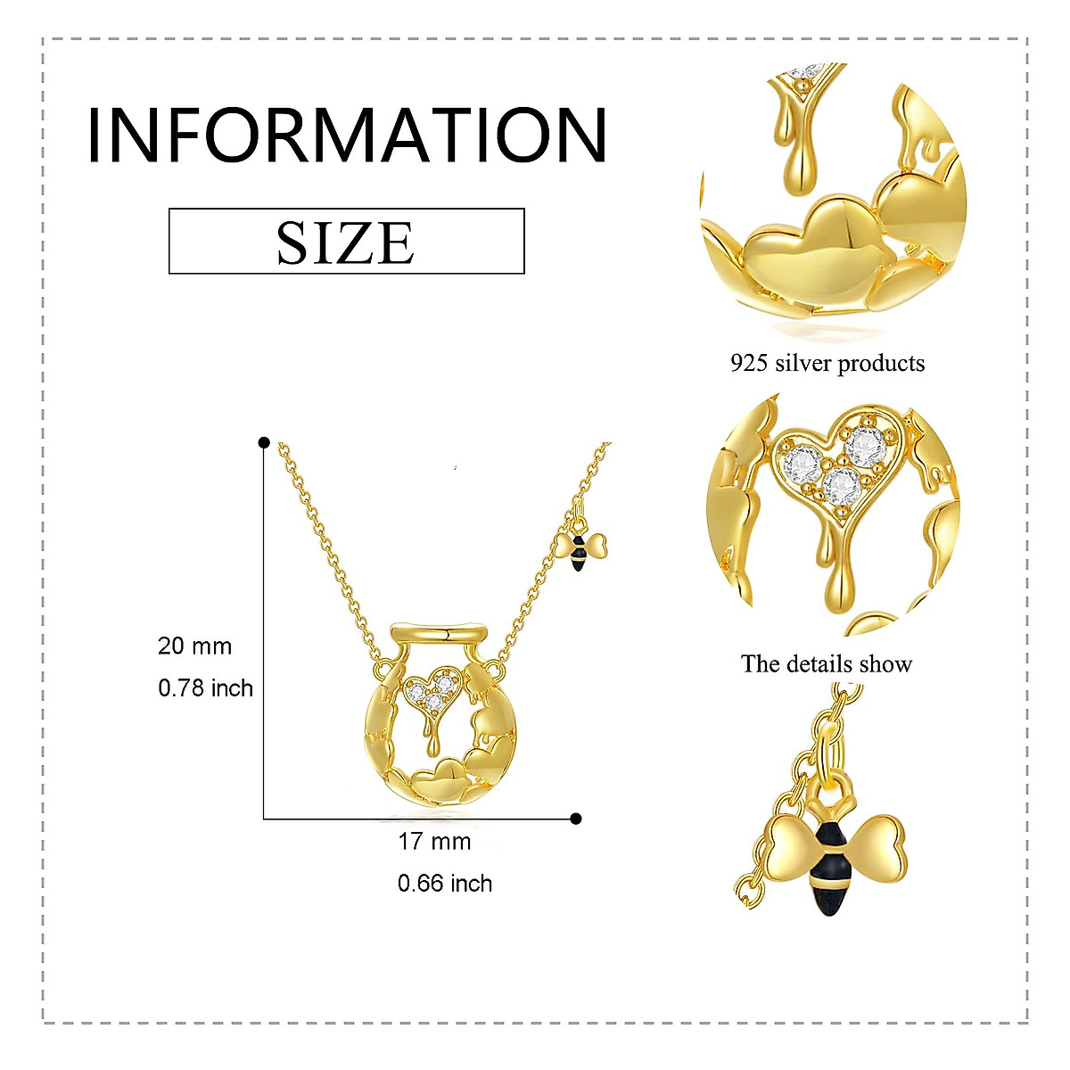 VONALA Honey Jar Necklace with Bee Sterling Silver Honey Pot Necklace, Honey Bee Jewelry Gifts for Women Daughter Bee Lovers