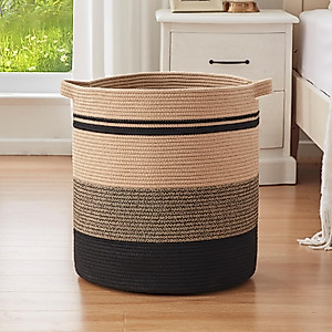 Woven Laundry Basket Hamper, 80L Tall Basket for Blanket Storage, Cotton Rope Decorative Storage for Living Room, Dirty Clothes Basket, Baby Hamper for Nursery (Black & Brown)