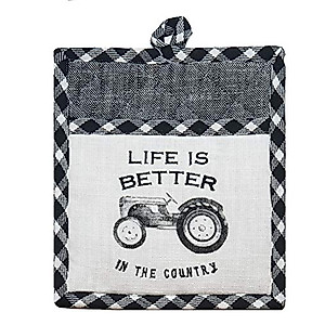 4 Piece Black and White Farmhouse Country Kitchen Linen Set - 2 Towels, Oven Mitt and Pocket Pot Holder