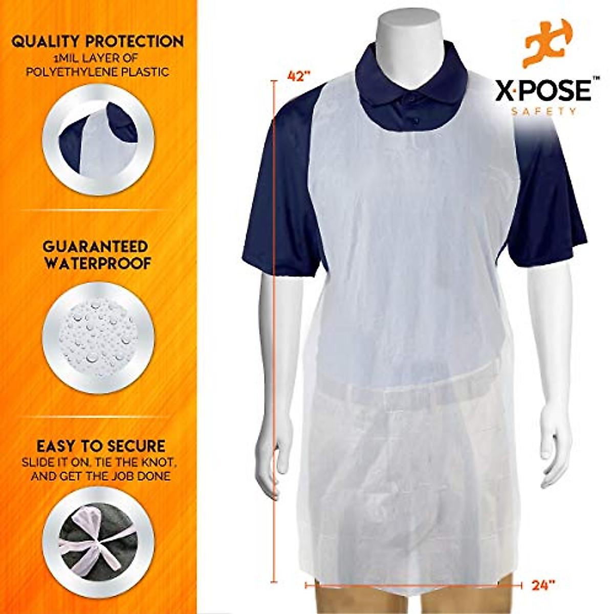 Xpose Safety 100 White Plastic Disposable Aprons For Cooking, Painting and More - Individually Packaged - Durable 1 mil Waterproof Polyethylene - 24" x 48"