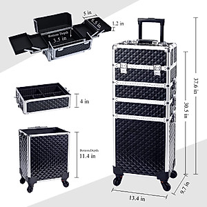 Adazzo 4 in 1 Rolling Makeup Case Cosmetic Train Case Trolley Roll Travel Box for Makeup Artist, Hairstylists, Nail Tech Makeup Cart with Key Swivel Wheels Barber Case Traveling Trunk Black