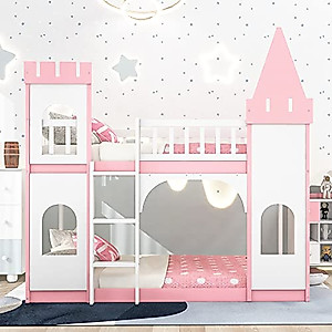 BOVZA Castle Bed Kids Bunk Bed Twin Over Twin with Ladder and Safety Guardrails for Girls Boys, Pink